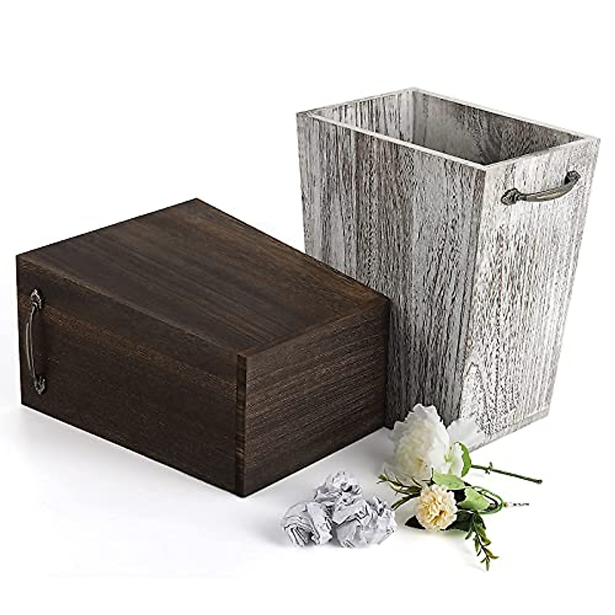 Trash Can Wastebasket Wood Garbage Container Bin with Built-in Double Metal Handles for Office, Bedroom, and Bathroom, Dark Brown