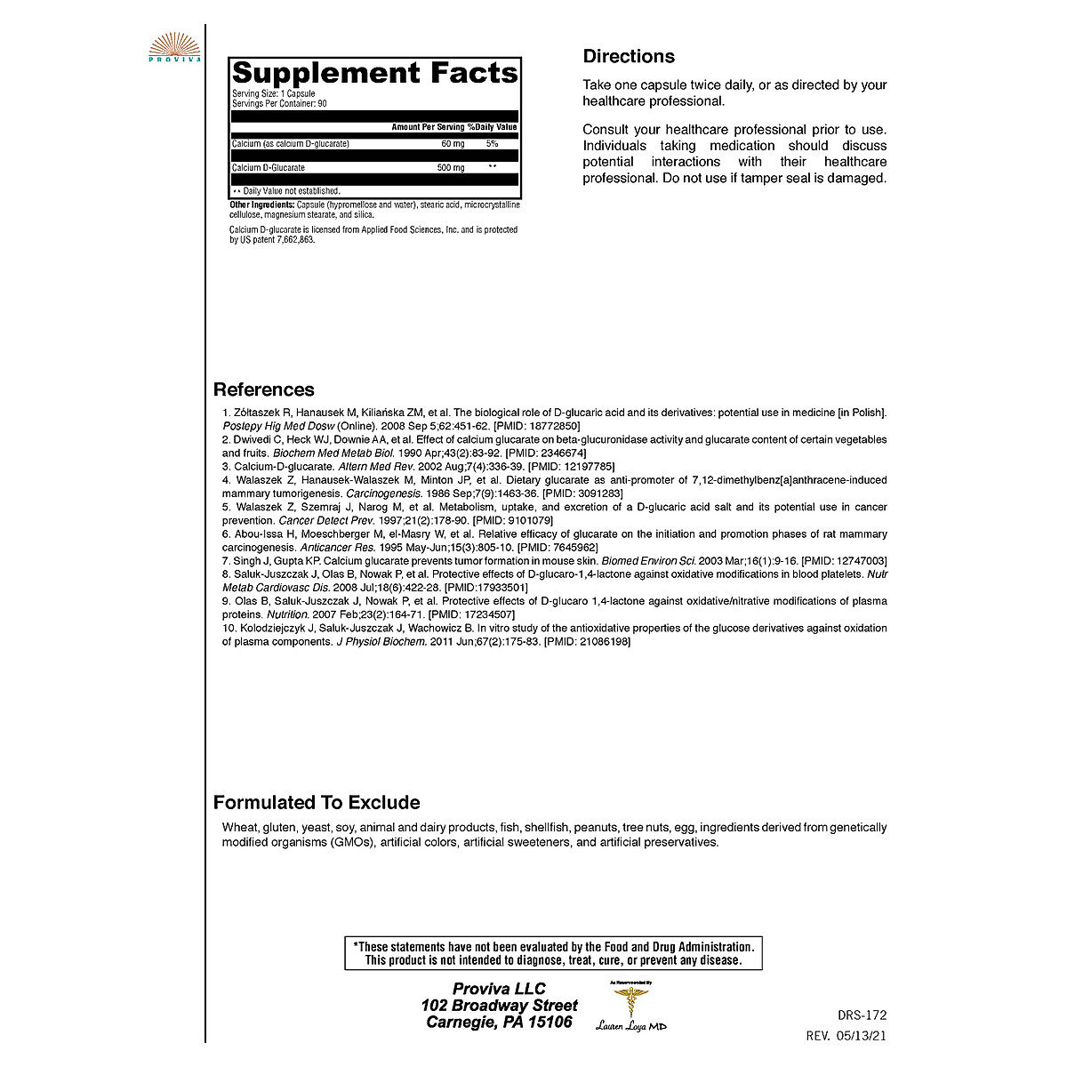 Proviva Calcium D-Glucarate - Absorbable Calcium Can Eliminate Excess Hormones Through The Gut - 90 Servings