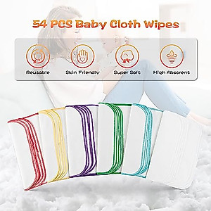 FAMOPLY 54 Pack Flannel Cloth Baby Wipes with Blue Wipes Dispenser, Reusable natural skin-friendly Baby Wipes, Body Face Hand Washcloth Essential for Cloth Diapers 8x8 inch