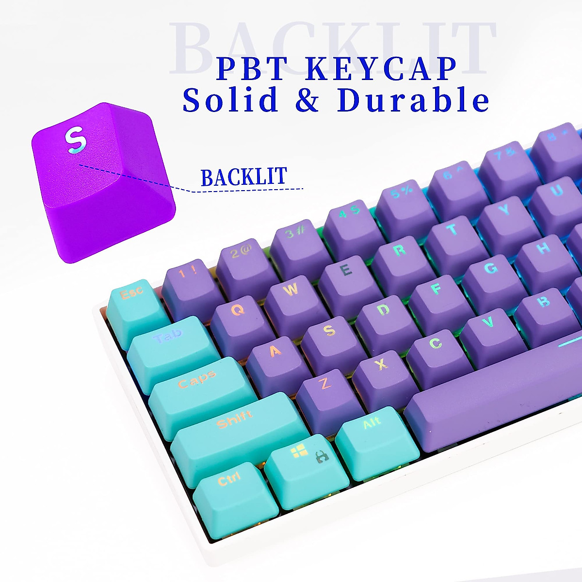 Taeeiancd PBT Keycaps for 60 Percent Mechanical Gaming Keyboard OEM Profile 61 Keycaps Set with Key Puller for Cherry MX Switches (Purple)
