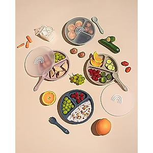 Hippypotamus Toddler Plates with Suction - Baby Plates - 100% Food-Grade Silicone Divided Plates - BPA Free - Dishwasher Safe - Set of 3 (Sage/Blush/Nude) (Fog/Nude/Sage with LIDS)