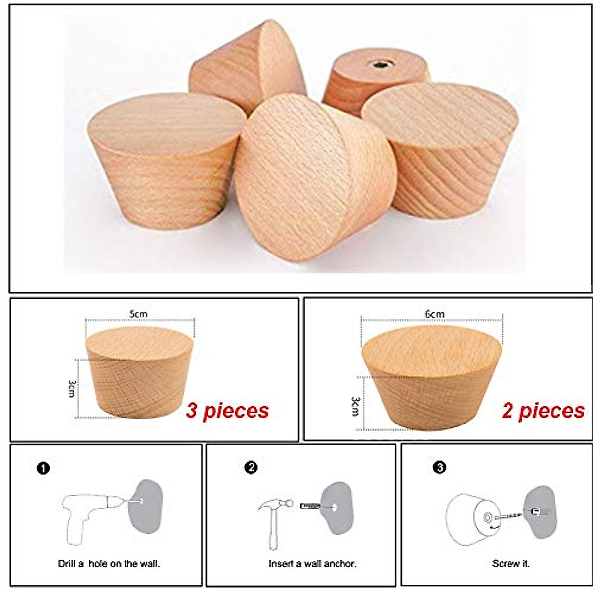 Wooden Coat Hook Dot Round Hangers, 5 Pack Natural Wall Mounted Clothes Scarf Hat and Bag Storage Hangers Towel Rack Bedroom Decoration, (2 Pack Large Size,3 Pack Small Size)