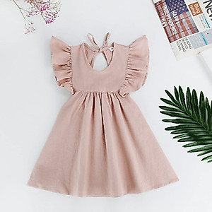 Goodplayer Toddler Baby Girl Dress Summer Cotton Linen Ruffle Halter Sleeveless Kids Casual Beach Party Dresses 1-6 Years (Pink, 90, 2_Years),2-3T