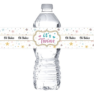 MonMon & Craft It's Twins Water Bottle Stickers / Oh Babies Bottle Wrappers / Baby Shower / Welcome Baby / Baby 1st Birthday Party Water Labels Supplies Waterproof ( Set of 32 )