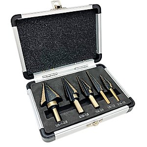 Step Drill Bits HSS 5PCS Titanium Step Drill Bit Set, 50 Sizes (1/8" to 1-3/8") High Speed Steel Unibit Drill Bits Set for Sheet Metal with Aluminum Case, Multiple Hole Stepped Up Bits for DIY Lovers