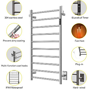 P&Bhusri Heated Towel Rack for Bathroom,Wall Mounted Electric Towel Rack with Timer and LED Indicator, 10-Bar Towel Warmer, Stainless Steel Brushed, Hard-Wired/Plug-in