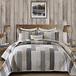 Qiqiong Quilt King Size,Patchwork Quilt Bedding Set 100% Cotton Plaid Bedspread King Size Lightweight Coverlet Comforter Set Quilted Bedspreads All Season,Gray/Charcoal/Cream/Beige 3 Pieces