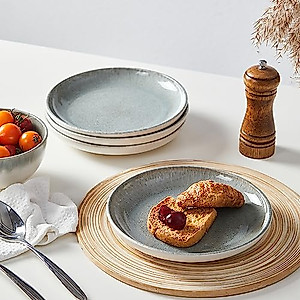 Pokini Gradient Green Stoneware Dinnerware Set, 12pcs Reactive Glaze Plates and Bowls Sets, Handmade Round Dishes Set for 4,Highly Chip and Crack Resistant Modern Plate Set