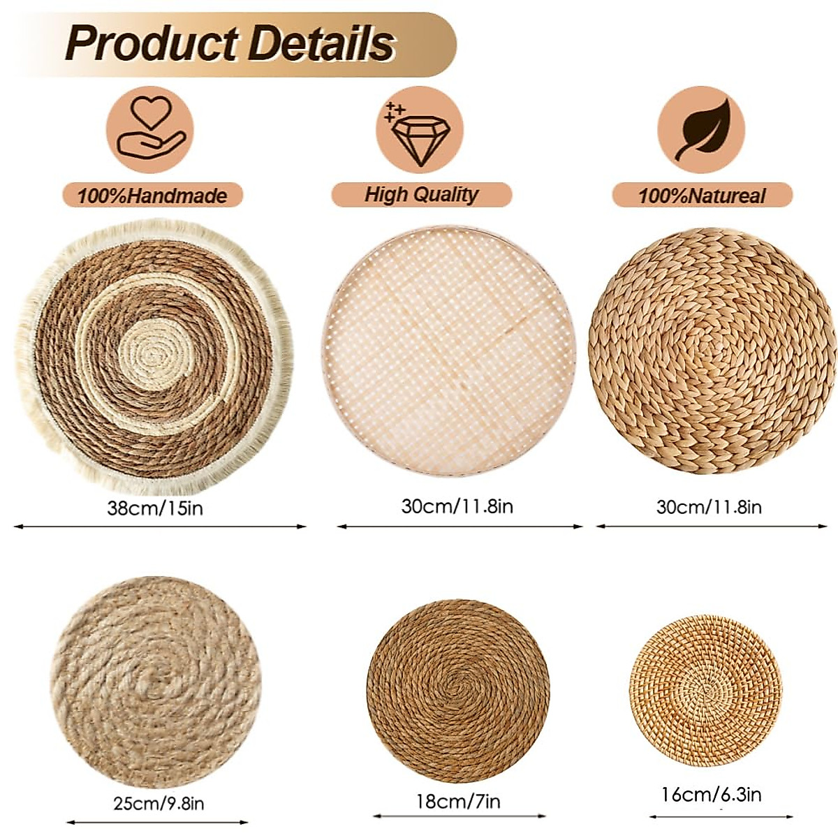 ALYBSOO Boho Wall Basket Decor set of 7, Woven Seagrass Wicker Rattan Flat Baskets Wall Hanging Decor, Handmade African Round Wall Baskets Decor, for Living Rooms, Bedrooms