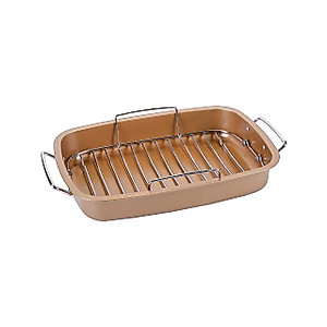 Heavy Gauge, Carbonized Steel, Commercial Kitchen Grade Copper Non-Stick Roaster with Chrome Floating Rack for 22 lb Turkey by Elle Gourmet