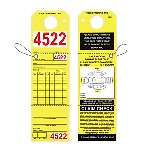 1000 Valet Parking 3-Parts Tags with Metal Eyelet & Elastic String to Prevent Tearing. Consecutively Numbered to Create Valet Claim Ticket. Hang from Rear View Mirror. Perforated Cardstock Key Tag