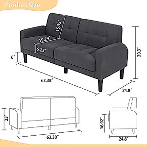 Vongrasig 63" Small Modern Loveseat Couch, Mid-Century Fabric Low Back 2-Seat Sofa Couch Tufted Love Seat for Living Room, Bedroom, Office, Apartment, Dorm, Studio and Small Space (Dark Gray)