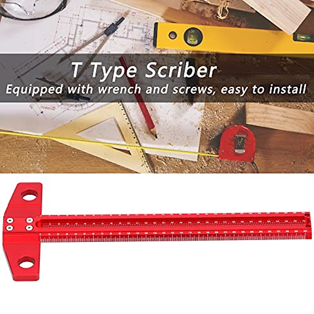 T Square Ruler Aluminum Alloy Removable Woodworking Scriber Art Framing Drafting Tools Ultra Precision Marking Ruler(Red)(300mm)