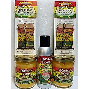Smoke odor Exterminator Rasta Love, Includes Two 13 oz Jar Candle One 7 oz Spray & Two Car Hangers All in One Bundle