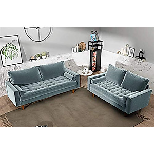 Container Furniture Direct Womble Velvet Upholstered Living Room Diamond Tufted Chesterfield Sofa with Gleaming Nailheads, Teal Blue