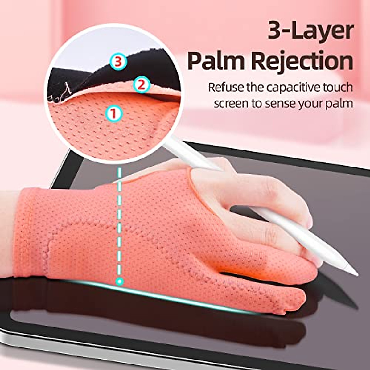 Artist Drawing Glove for Women [2 Pack Pink] 3-Layer Palm Rejection Right/Left Hand Digital Graphic Tablet iPad Art Gloves Two Finger Smooth Elasticity Breathable for Sketching Painting
