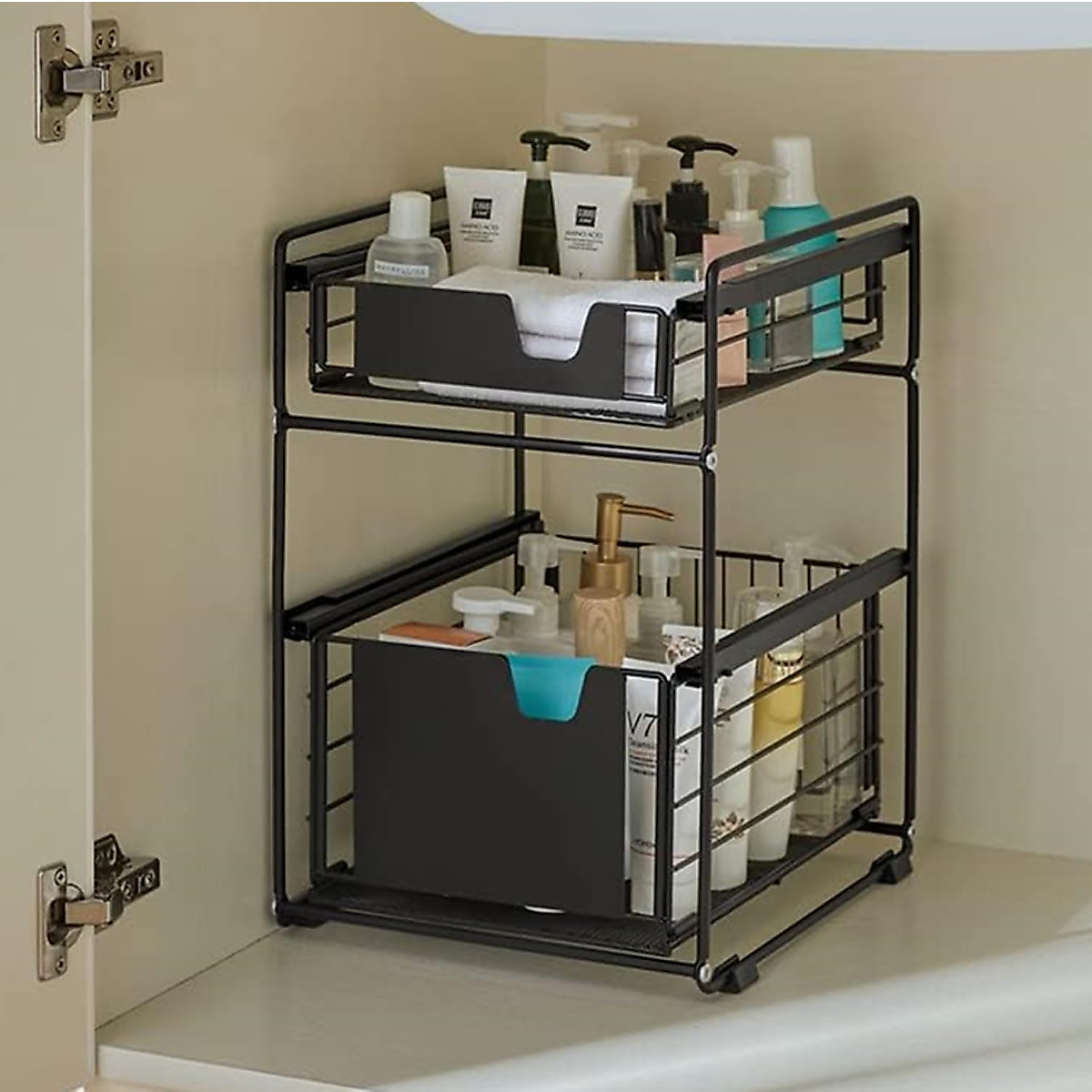 DCIGNA Stackable 2-Tie Under Sink Cabinets Organizer With Sliding Storage Drawer, Under Sink Organizer, Pull Out Cabinets Organizer Shelf, Sliding Basket Organizer Drawer For Kitchen, Bathroom, Office