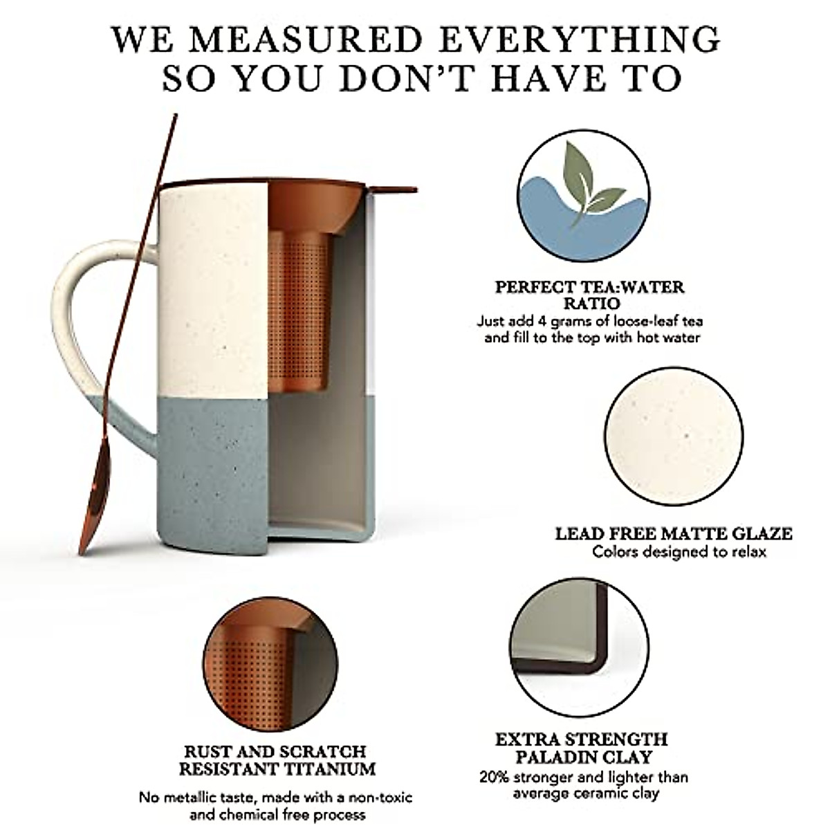 Mora Ceramics Tea Cup with Loose Leaf Infuser, Spoon and Lid, 12 oz, Microwave and Dishwasher Safe Coffee Mug - Rustic Matte Ceramic Glaze, Modern Herbal Tea Strainer - Great Gift for Women, Flint