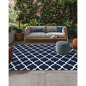 Outdoor Patio Rug Moroccan Tile Print Geometric Outdoor Rug Waterproof Floor Carpet Navy Blue Indoor Outdoor Area Rug Mats for Camping RV Picnic Balcony Porch Backyard Deck Beach
