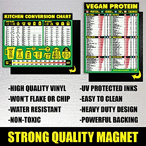 Kitchen Conversion Chart and Vegan Protein Magnetic Cheat Sheet Combination Bundle - Extra Large Easy to Read Reference Guides for Vegan Protein Sources and Baking & Recipe Unit Conversions