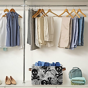 Large Foldable Storage Basket Skull Black Gothic Storage Bin Canvas Toys Box Fabric Decorative Collapsible Organizer Bag with Handles for Bedroom Home