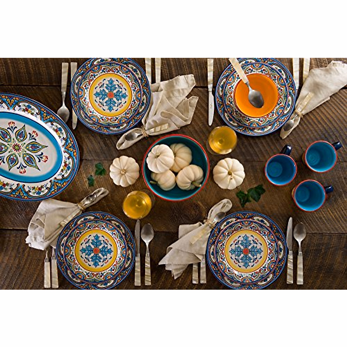 Euro Ceramica Zanzibar Collection 16 Piece Dinnerware Set Kitchen and Dining, Service for 4, Spanish Floral Design, Multicolor, Blue and Yellow