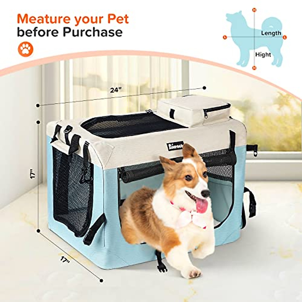 Reerooh Large Cat Carrier 24"x17"x17", Soft Dog Crate with 2 Bowls, Collapsible Travel Pet Carrier Bag for Cats Dogs Puppies Kittens (Blue)
