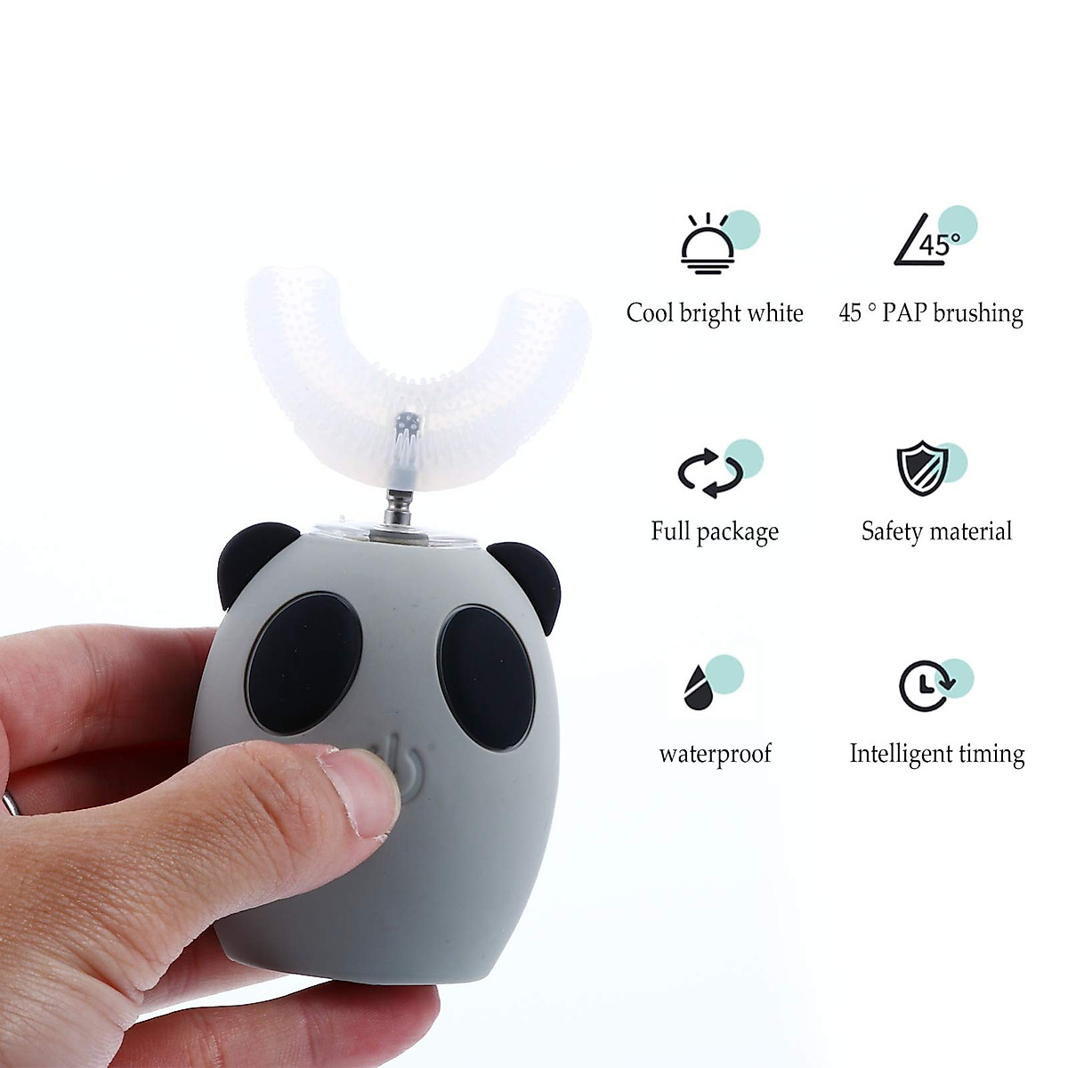 Healifty Kids Automatic Toothbrush Cartoon Panda Ergonomic U- Shaped Toothbrush (Age 7-15) Light Grey