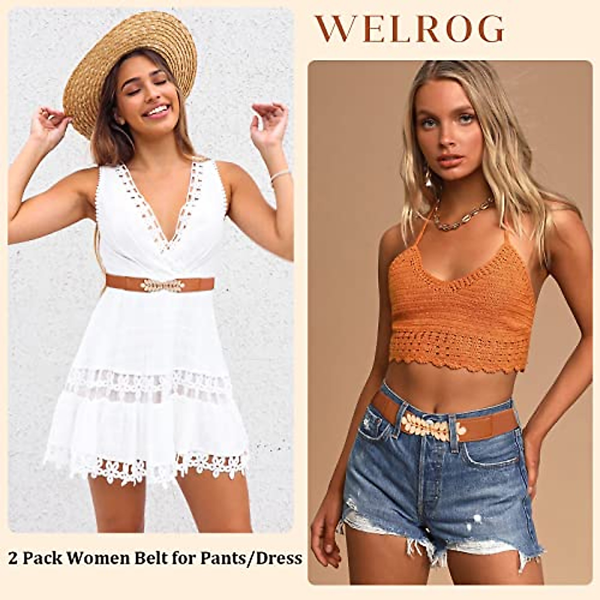 WELROG 2 Pack Women Stretchy Belt for Dresses Retro Elastic Belts for Women Metal Buckle Skinny Waist Belt