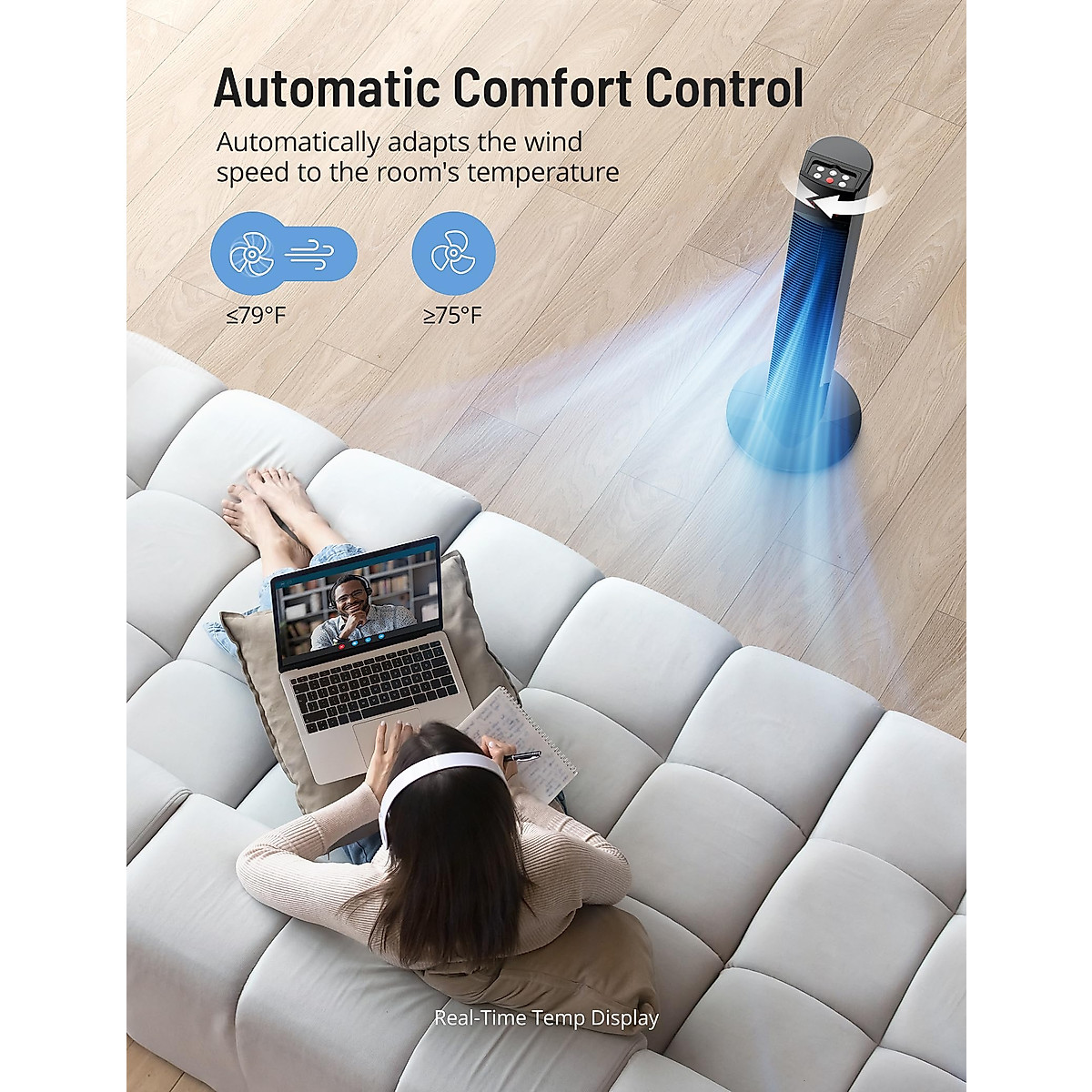 Mirdred Tower Fan with Remote, 36” Bladeless Fan, 70° Oscillating Fan for Bedroom, 3 Speeds, 3 Modes, 12H Timer, LED Display, Quiet Cooling Standing Floor Fans for Home Living Room Office, Black