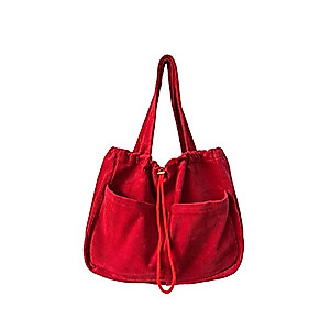 Ulisty Women Large Capacity Corduroy Drawstring Tote Bag Pockets Shoulder Bag Casual Handbag Hobo Bag Shopping Bag red