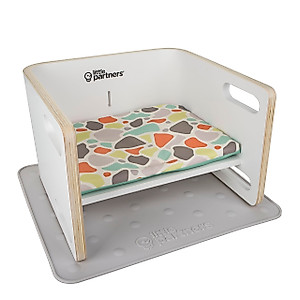 Little Partners® 3-in-1 Wooden Learning Booster Seat for Toddlers - Converts to Step Stool for Kids - Seat Cushion, Silicone Mat, and Booster Chair with Safety Straps - Feeding Chair (White)