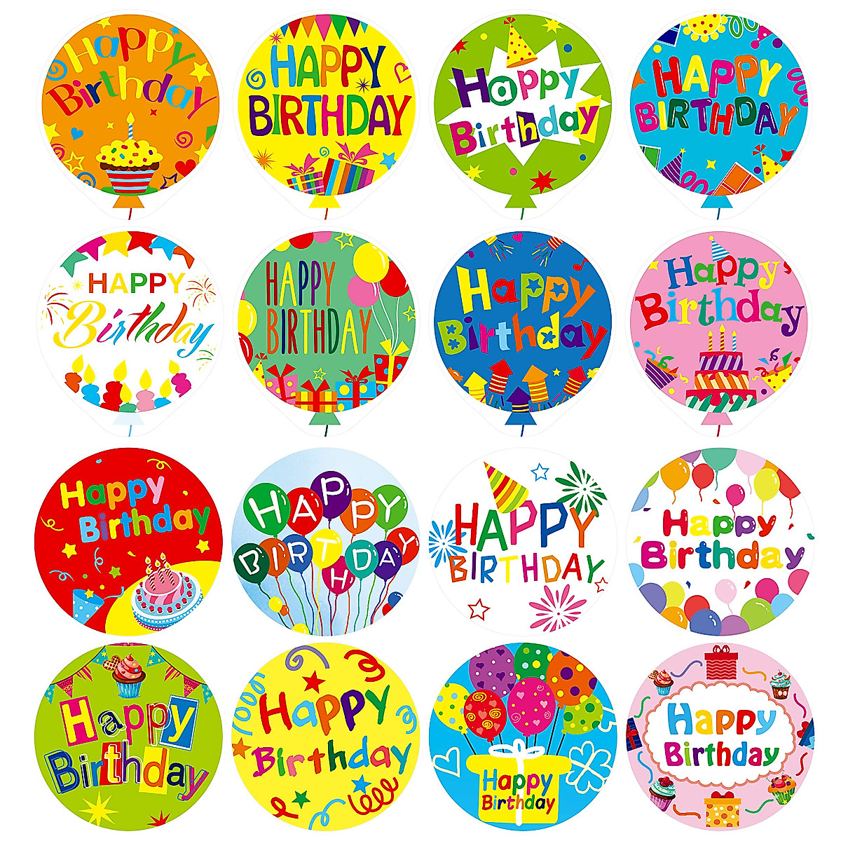1000 PCS Adorable Balloon Shaped Happy Birthday Stickers in 16 Designs with Perforated Line Expanded Version (Each Measures 1.5" in Diameter)