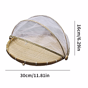 Food Serving Tent Basket Hand-Woven Dustproof Round Picnic Basket Covered Bamboo Food Tent Vegetable Fruits Meals Storage Container with Gauze Cover