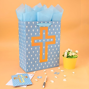 13" Large Blue Gift Bag Set with Greeting Card and Tissue Papers (Foil Cross Design), Tissue Paper for First Communions, Halloween, Christmas, Baby Boy Baptisms, Christenings, Religious