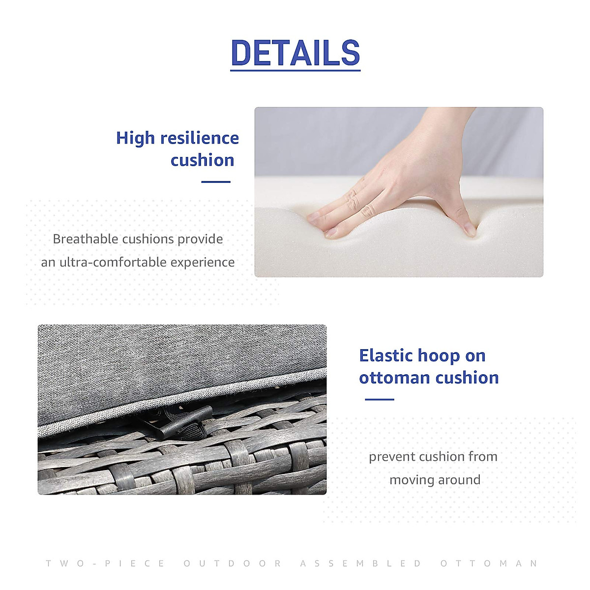 Patiorama 2 Pieces Assembled Outdoor Patio Ottoman, Indoor Outdoor All-Weather Grey Wicker Rattan Outdoor Footstool Footrest Seat with Light Grey Cushions, No Assembly Required