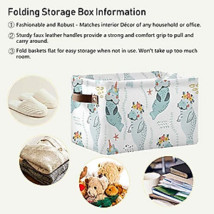 Large Foldable Storage Bin Cute Manatees with Floral Fabric Storage Baskets Collapsible Decorative Baskets Organizing Basket Bin with PU Handles for Shelves Home Closet Bedroom Living Room-2Pack
