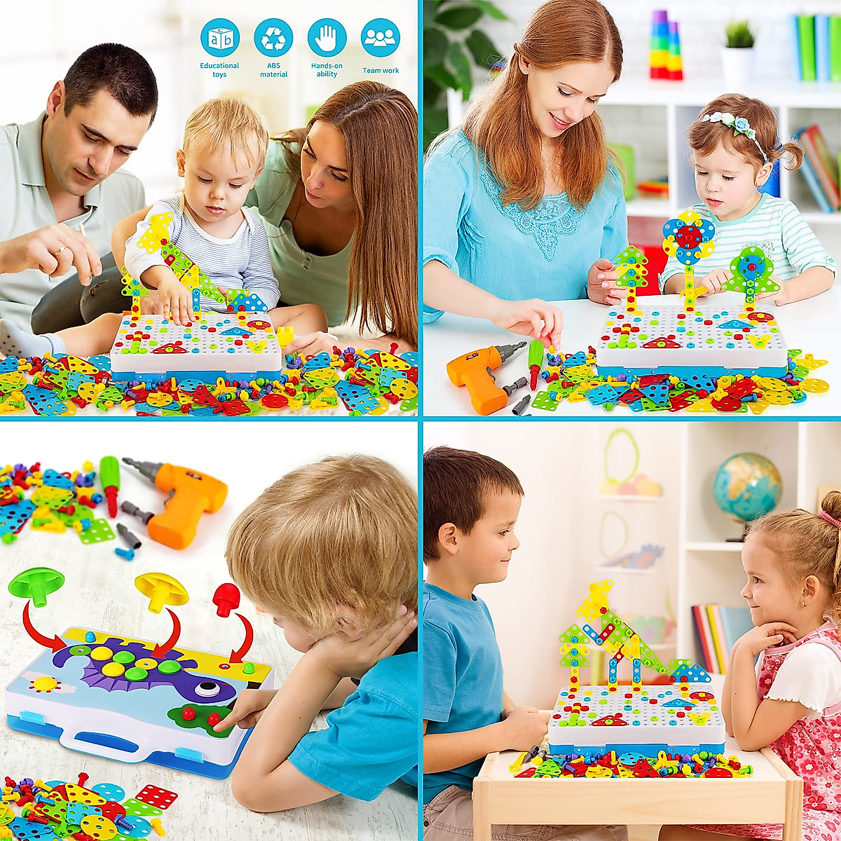 Drill Set Building Blocks, 224 Pieces Mosaic Drill Set for Kids,STEM Learning Educational Toys, Educational Construction Building kit for Boys Girls Toys Age 3 4 5 6 7 8 Years Old