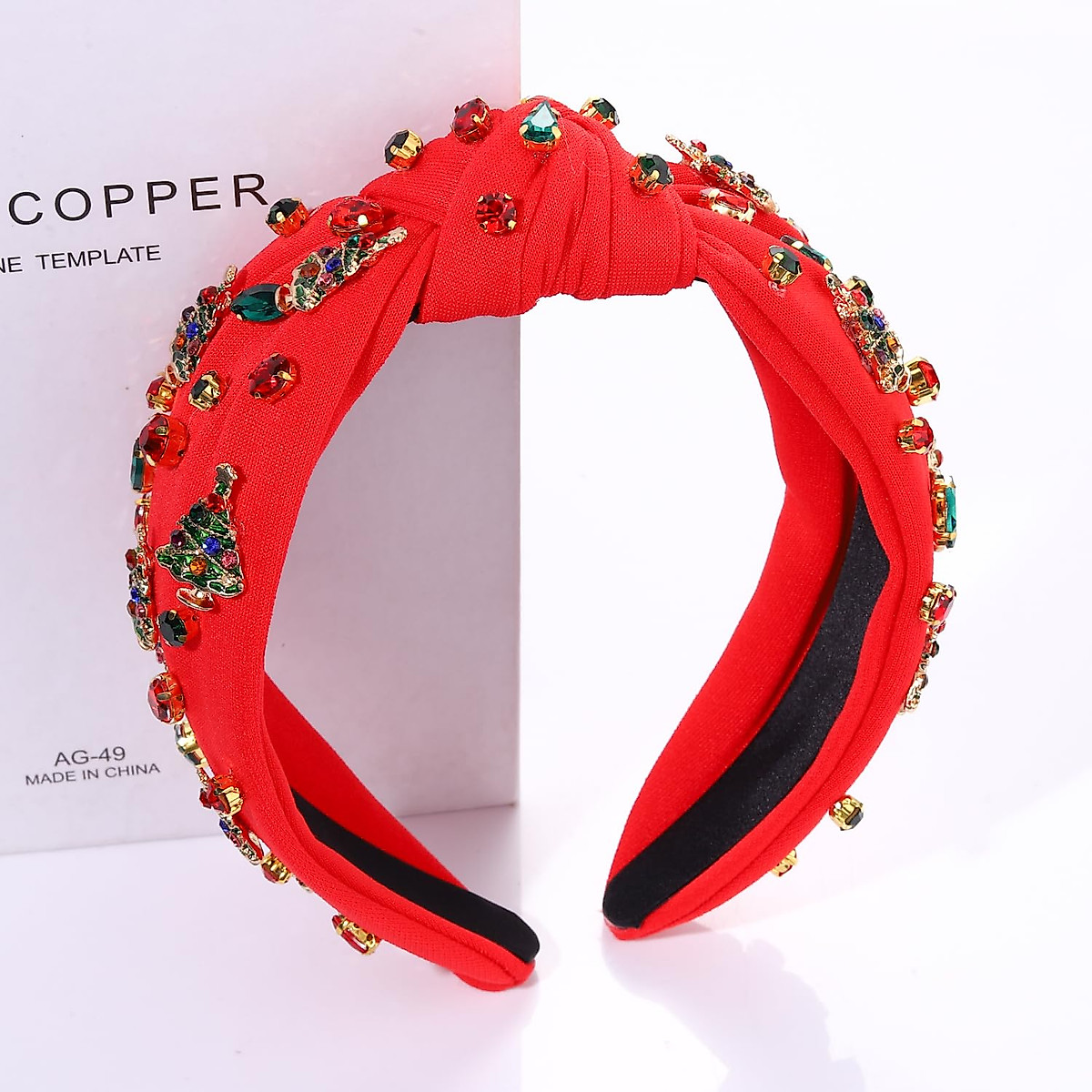 Jeweled Christmas Tree Headband with Embellished Crystals and Pearls - Wide Top Knot Knotted Headbands for Women, Holiday Hair Accessories and Outfits Gift