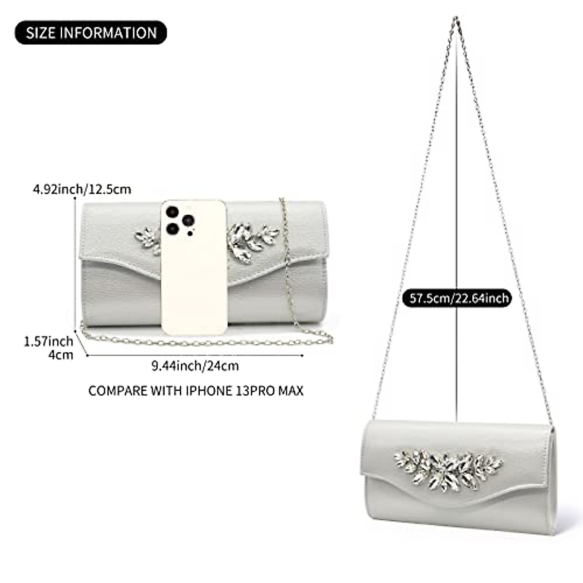 GESU Clutch Purses for Women Rhinestone Evening Bag Wedding Party Dress Purses (Silver-1)