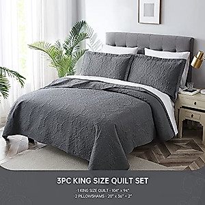 Shanghan Home Grey Quilt Set, 3 Piece King Size Soft Bedspread & Coverlet Set for All Season, Lightweight Coin Pattern Quilt Bedding Set - 100% Microfiber - 104"x94"(1 Quilt, 2 Shams)