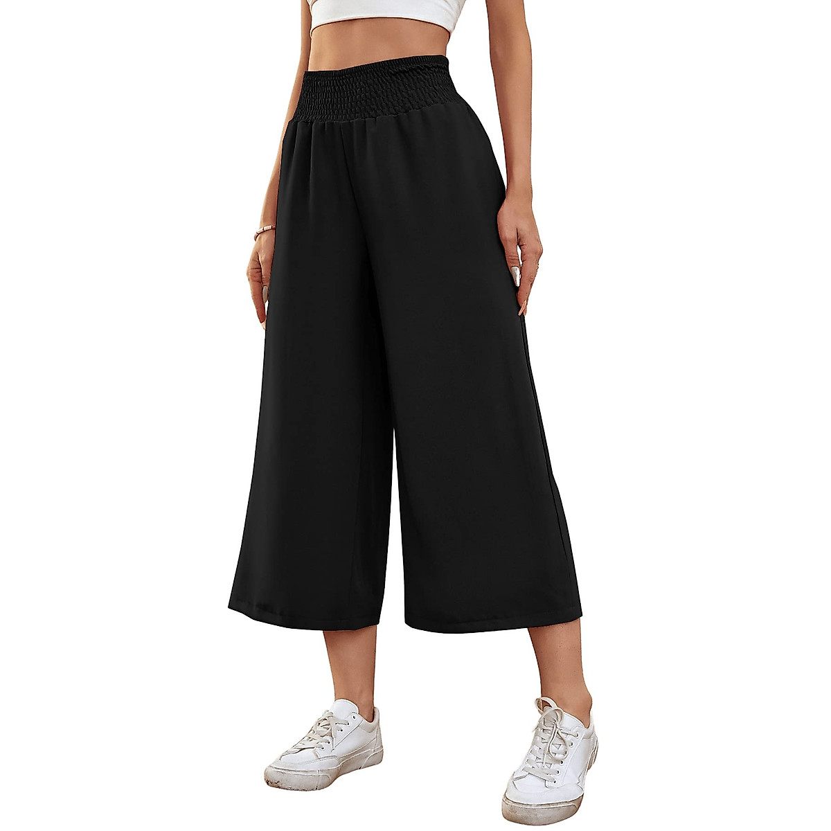 SHENHE Women's Elastic High Waisted Wide Leg Palazzo Pants Shirred Loose Capri Pants Black XL