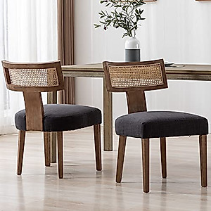 VESCASA Linen Upholstered Dining Chairs with Natural Wood Legs, Farmhouse Padded Dining Chairs with Rattan Curved Open Back for Dining Room, Kitchen, Set of 2, Charcoal