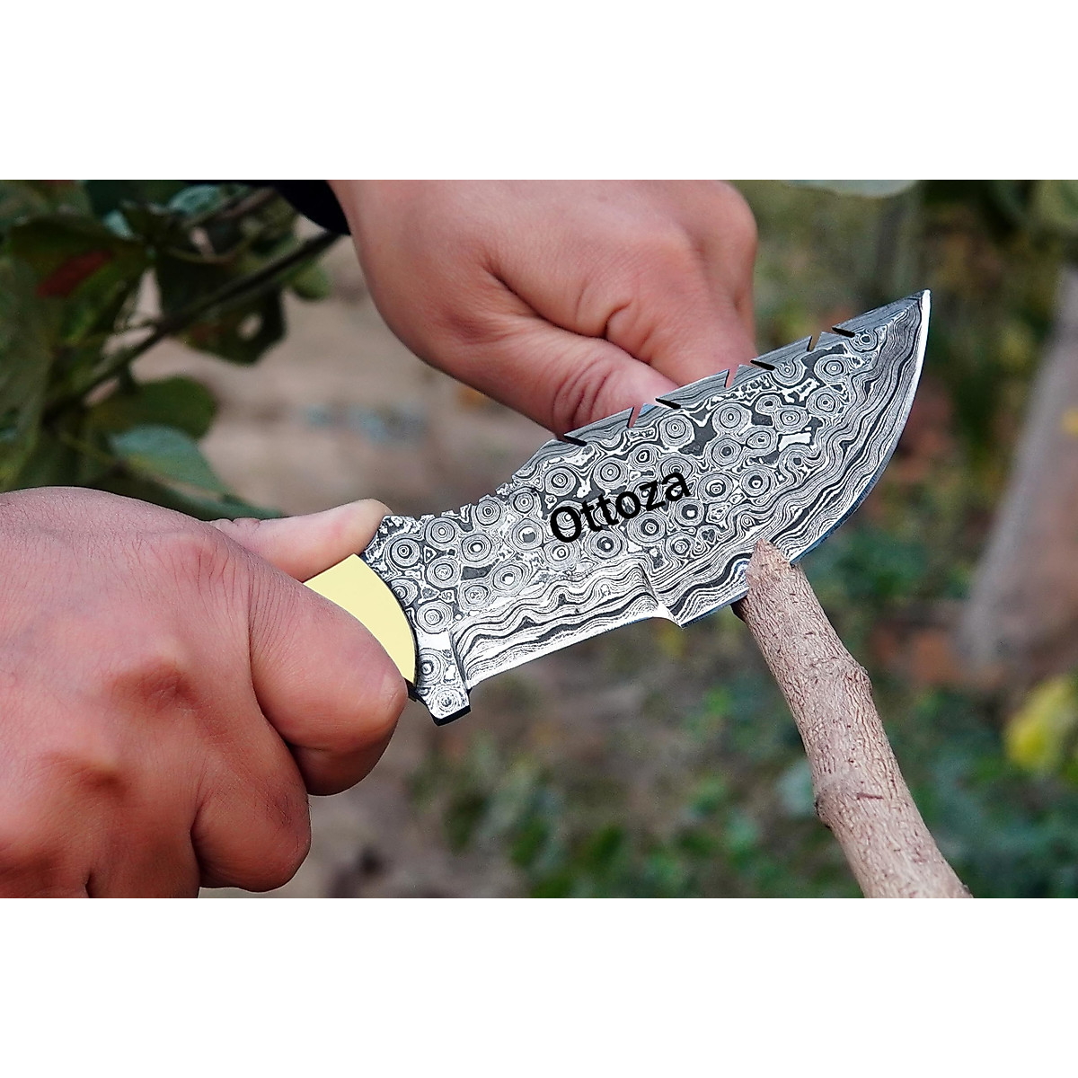 Ottoza Tracker Knife & Bone Handle - Damascus Hunting Knife - Horizontal Carry Knife Sheath 256