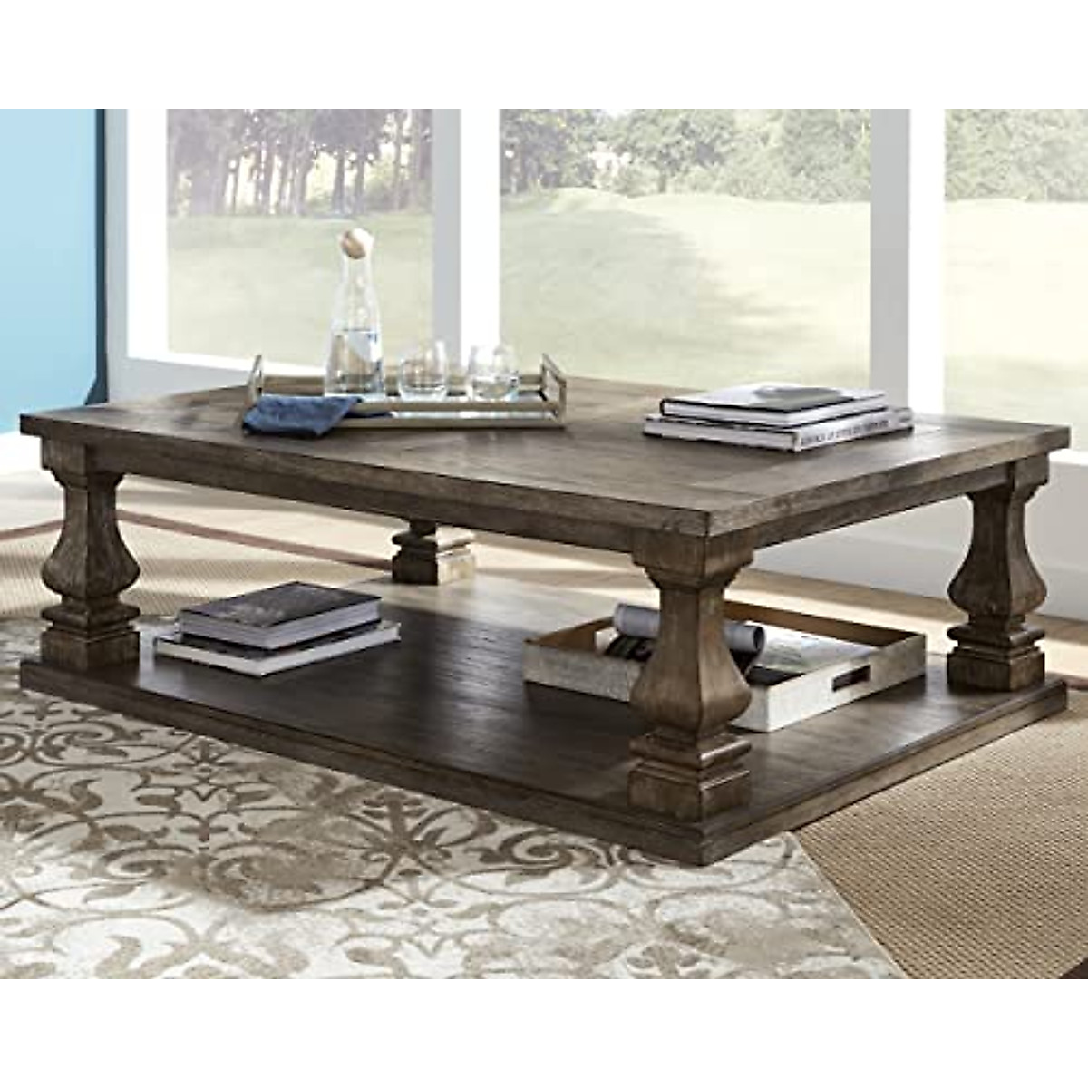 Signature Design by Ashley Johnelle Farmhouse Coffee Table with Weathered Gray Finish, Gray and Modern Country Rectangular End Table, Weathered Brown