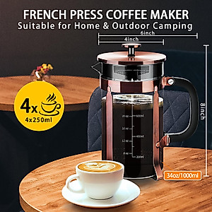 YMMIND French Press Coffee Maker 304 Stainless Steel Coffee Press,with 4 Filters System, Heat Resistant Thickness Borosilicate French Press Glass, BPA-Free Brewed Tea Pot Coffee Plunger
