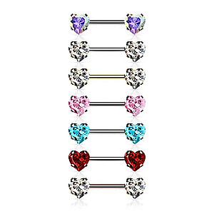 Pierced Owl 14G Stainless Steel Threadless Push-in Prong Set Crystal Heart Nipple Rings, Sold as a Pair (Silver Tone/Red)