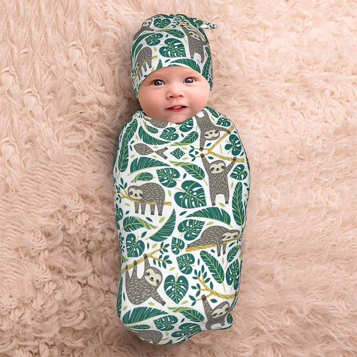 Cute Sloth Baby Stuff New Born Baby Swaddle Blanket Soft and Stretchy Wrap Baby Swaddle Sack for Infant Boy Girl Gifts with Beanie Hat Sets