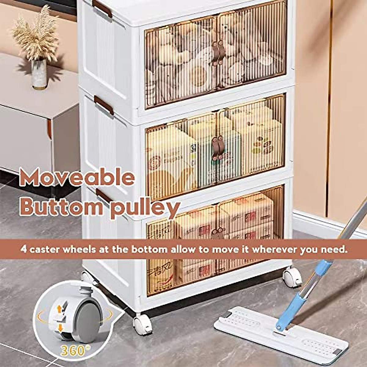 Storage Bins with Lids,Stackable Cabinet Organizer with Caster Wheels,Collapsible Toy Storage with Double Door,12Gal Foldable Plastic folding storage boxes set 3 for Home