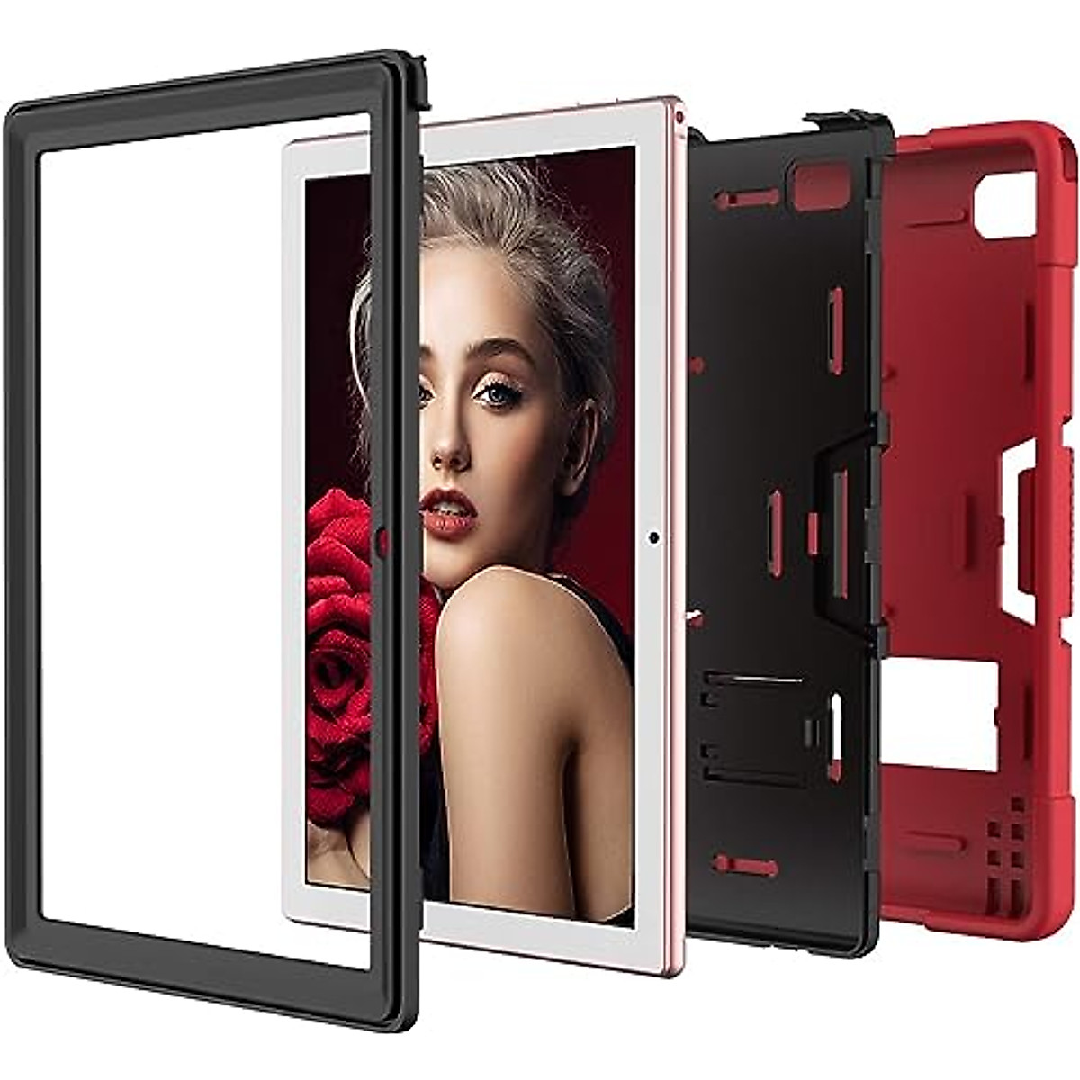Kebiory Shockproof Rugged Hybrid with Screen Protector Cover for Dragon Touch 102/Blackview Tab 7/7 Pro/OSCAL Pad 10 Tablet/TECLAST P30S/M40 Plus/M40S/M40 PRO/P20S/P20HD/P40HD (Red/Black,2 Pack)